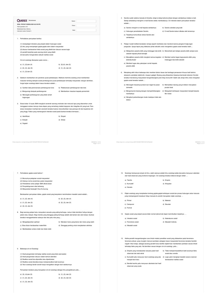 SOAL TRYOUT SOSIOLOGI KLS XII IPS - Quizizz | PDF
