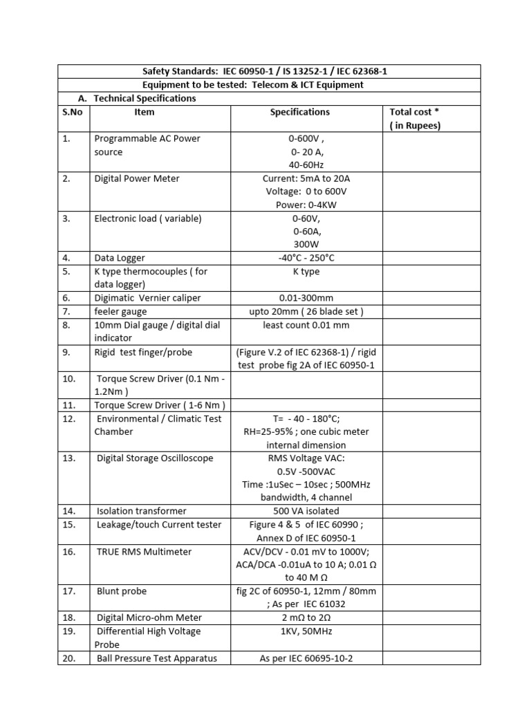 List of Equipments With Specifications As Per 60950-1 and 62368-1 | PDF