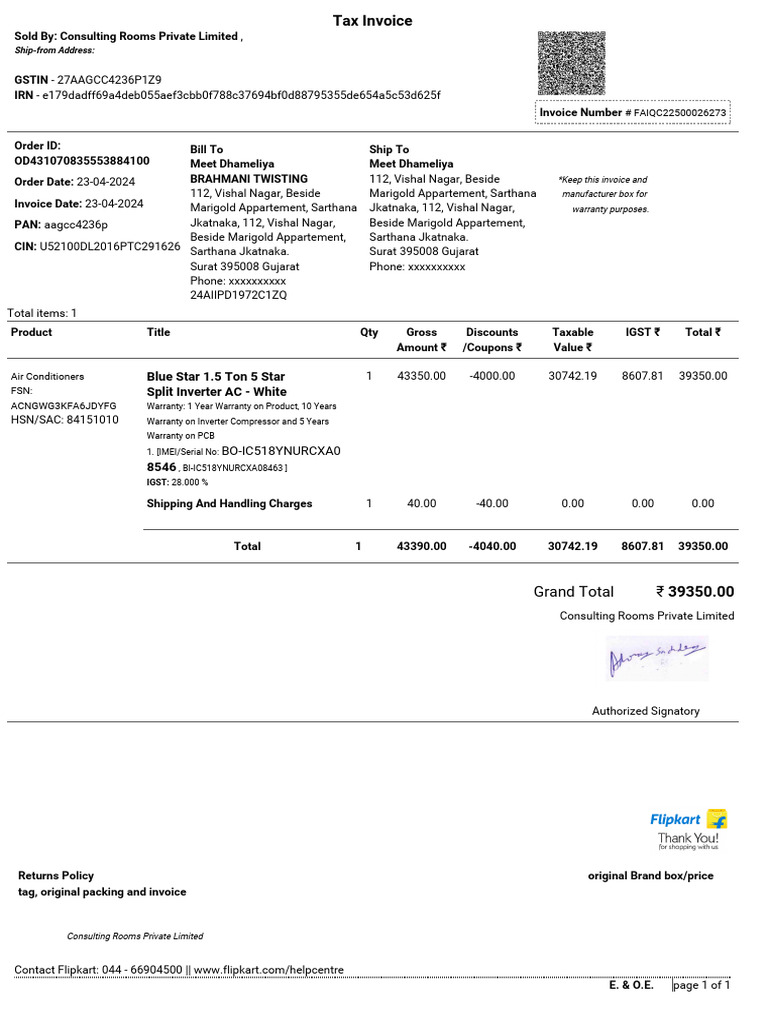 Ac Bill BLUE STAR | PDF