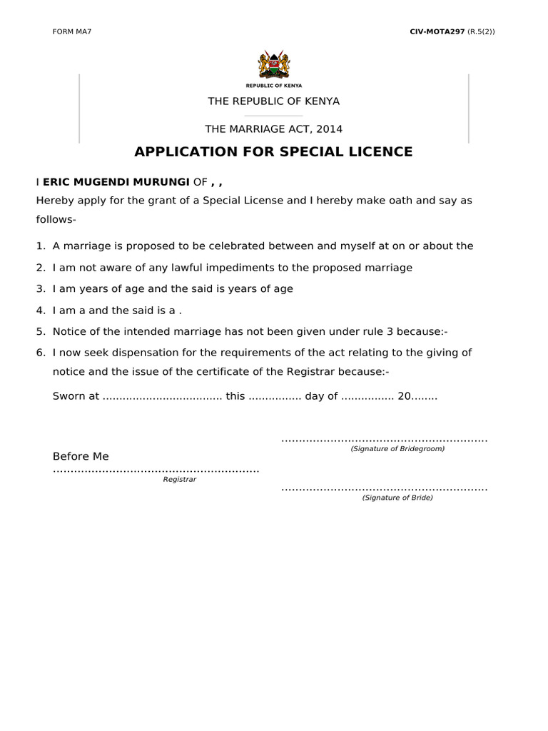 Civ-Mota297-Special Licence Application | PDF