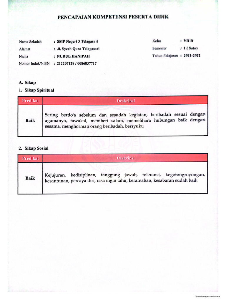Rapot Nurul Semester 1 | PDF