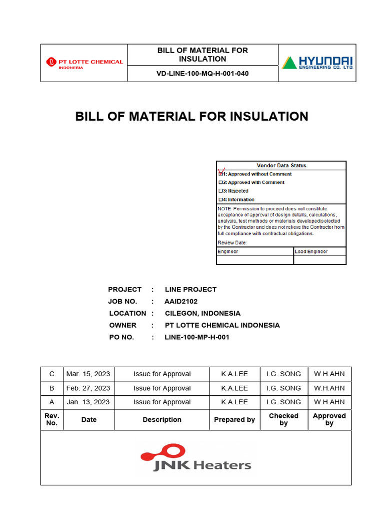 VD LINE 100 MQ H 001 040 - C - Bill of Material For Insulation | PDF