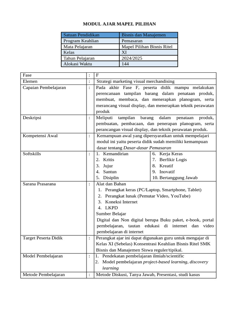 Modul Ajar Mapel Pilihan: Learning | PDF