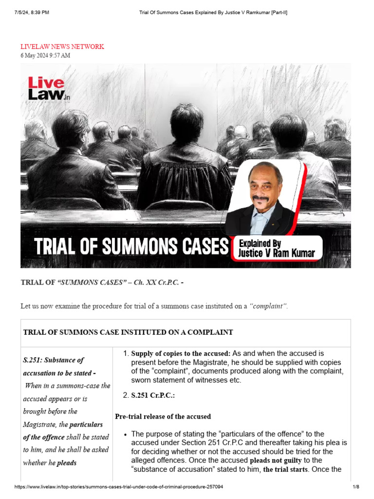 Trial of Summons Cases Explained by Justice V Ramkumar Part II | PDF