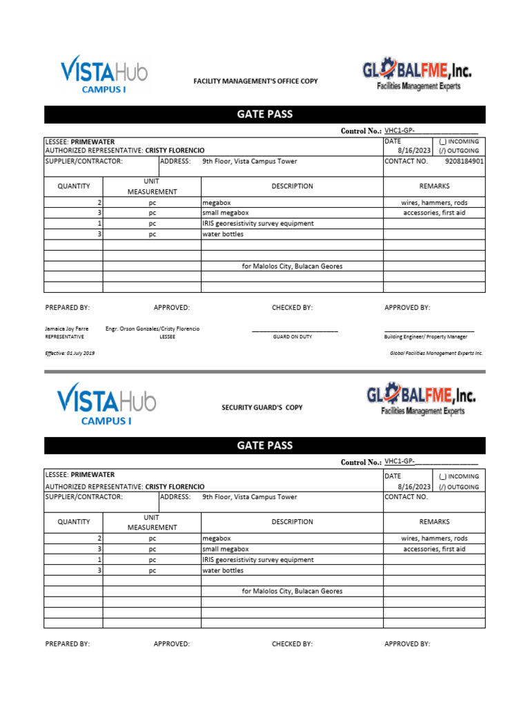 Gate Pass Format | PDF