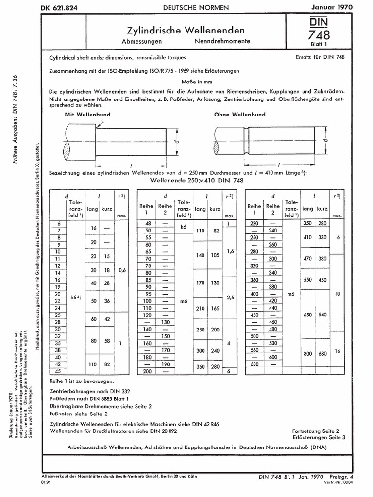 DIN 748-1_1970圆柱形轴端-第一部分 尺寸、公称传动例句 | PDF