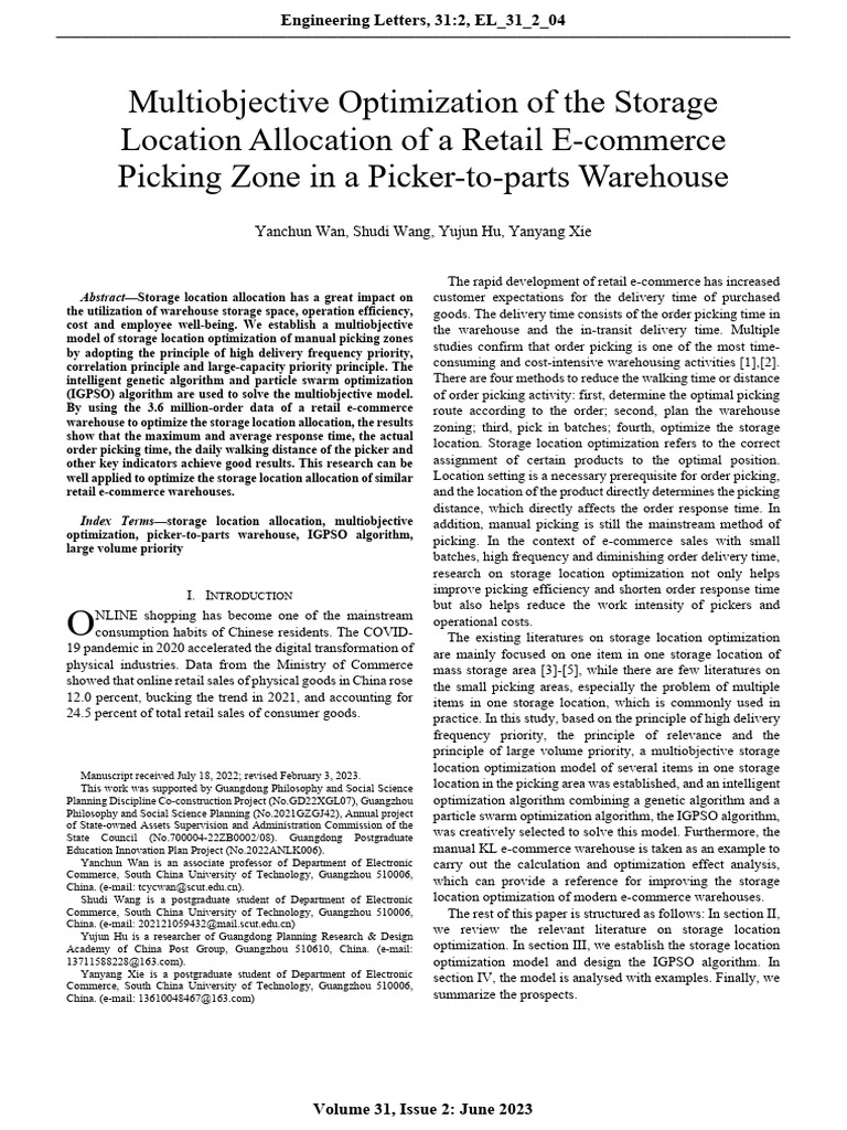 Multiobjective Optimization of The Storage Location Allocation of A Retail E-Commerce Picking ...