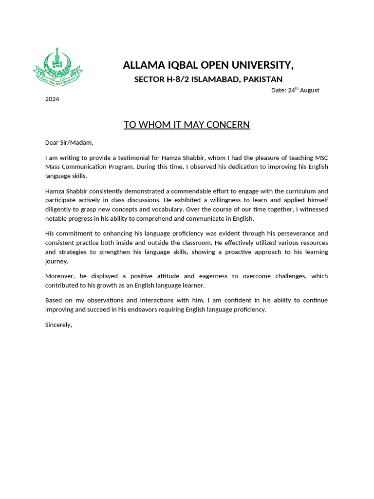 AIOU English Proficiency Letter Hamza Shabbir | PDF