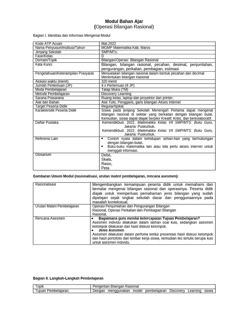 Modul Ajar Bab 2.3 Operasi Hitung Bilangan Rasional | PDF