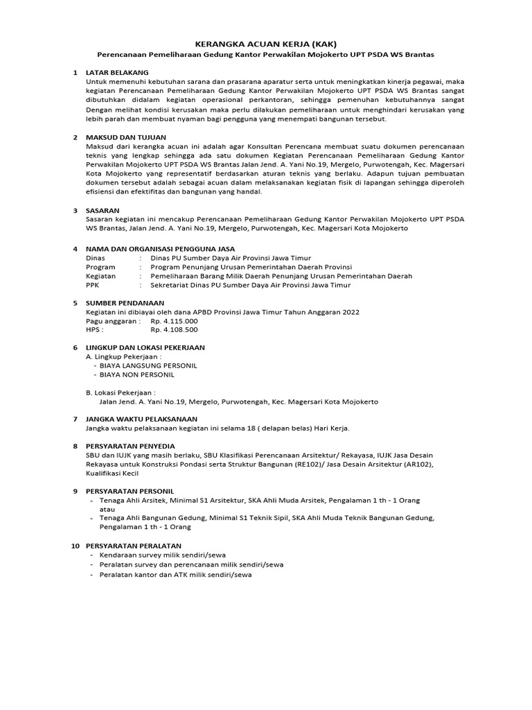 KAK Perenc. Pemeliharaan Kantor Perwakilan Mojokerto | PDF