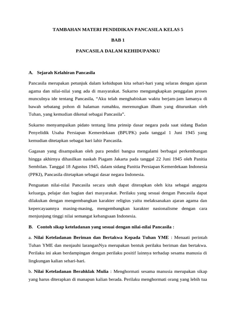 Tambahan Materi Pendidikan Pancasila Bab 1 K5 | PDF