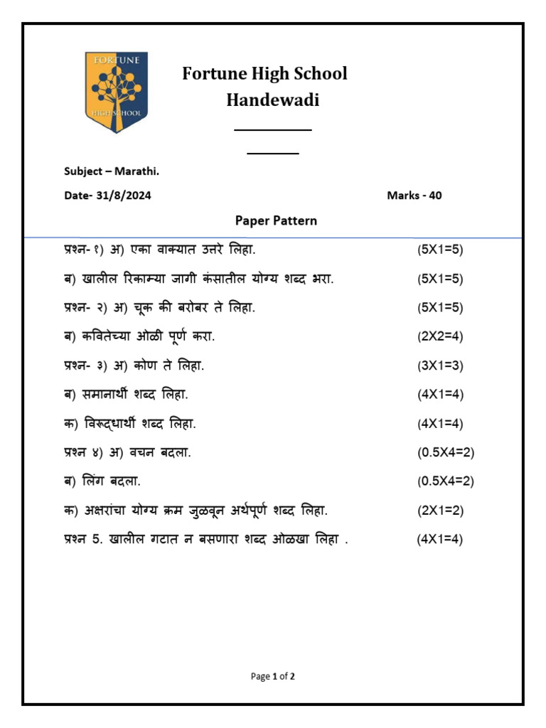 Grade 4 Marathi Paper Pattern.. | PDF