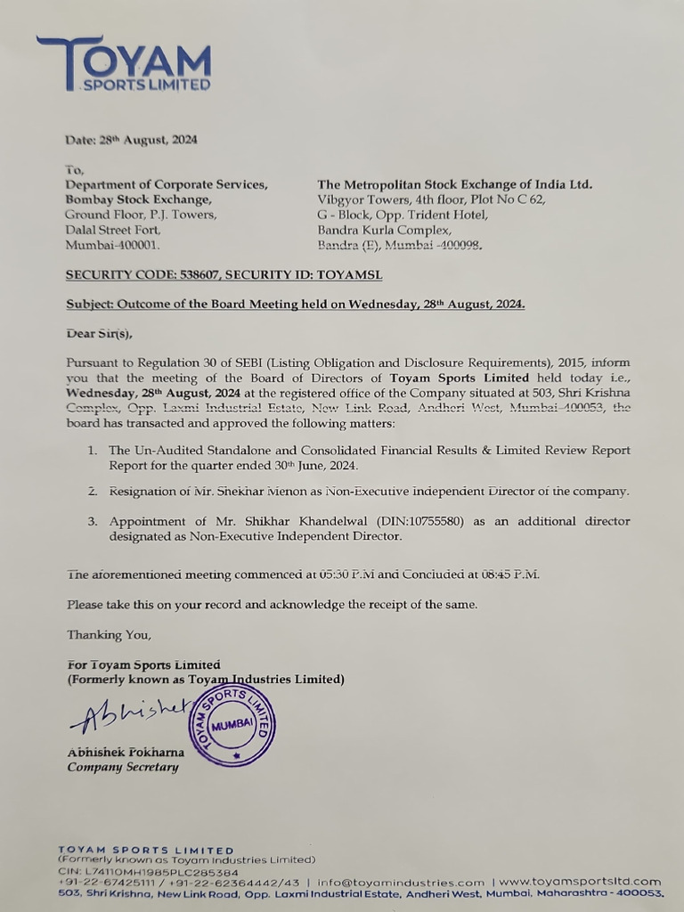 Limited Review Report: Toyam Sports Q2 2024 | PDF | Audit | Finance ...