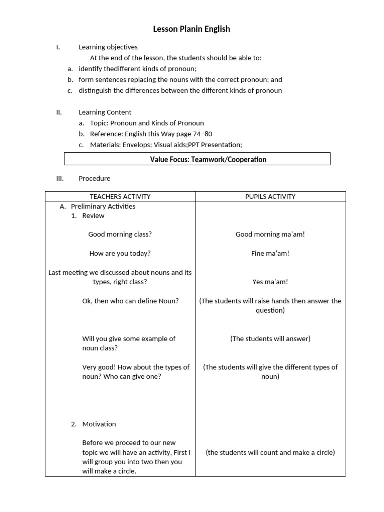Lesson Plan in English I | PDF