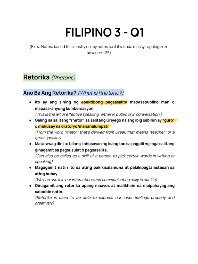 Filipino Notes g9 - q1 | PDF