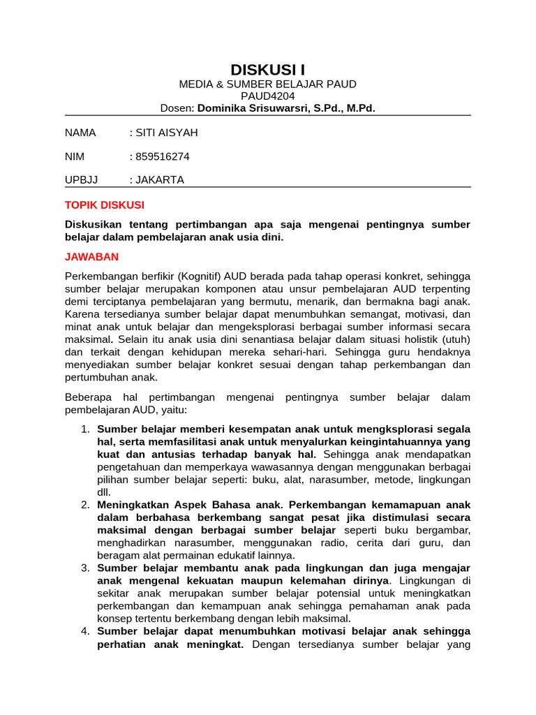 DISKUSI I Media Dan Sumber Belajar PAUD | PDF