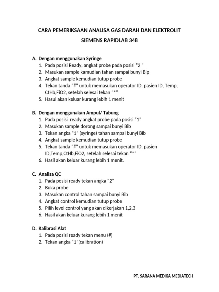 Sop Pemeriksaan Analisa Gas Darah Dan Elektrolit Rapidlab 348 | PDF