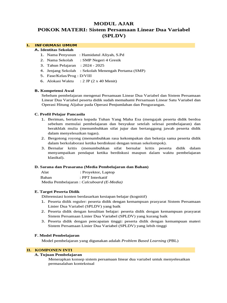 MODUL AJAR SPLDV (Observasi) | PDF