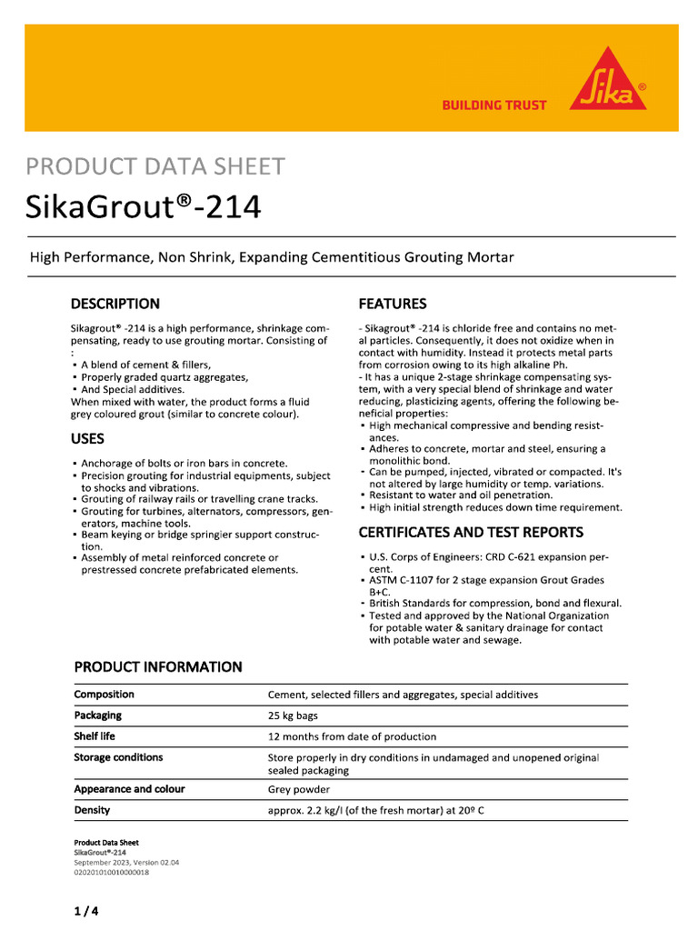 Sika Cement Grout 214 Data Sheet | PDF
