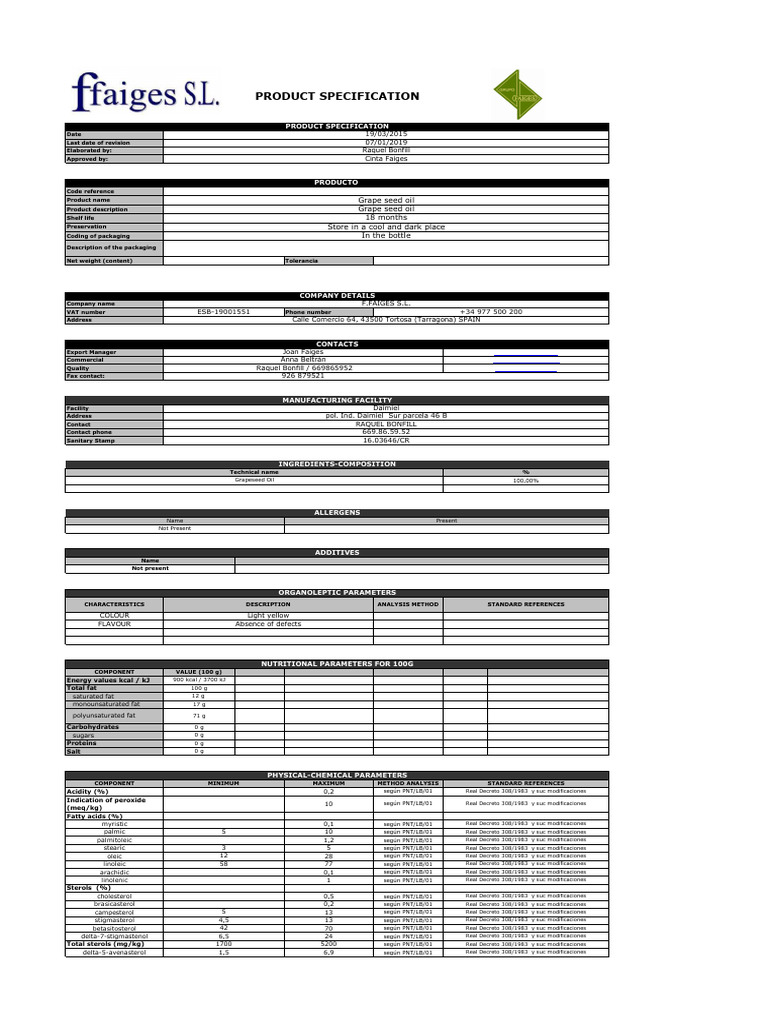 Grape Seed Oil Specification | PDF