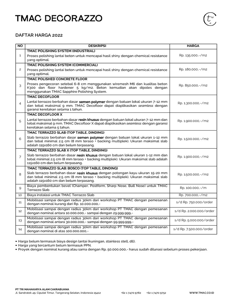 Tmac Decorazzo Price List | PDF