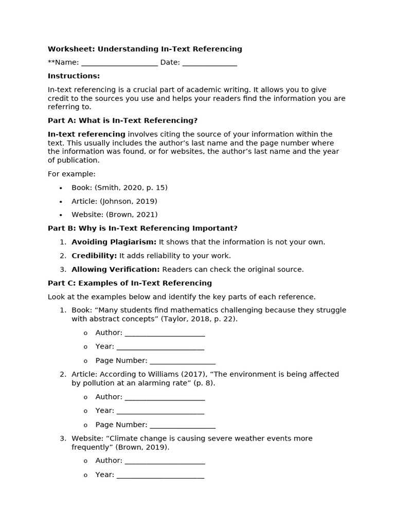Worksheet - in Text Referencing | PDF