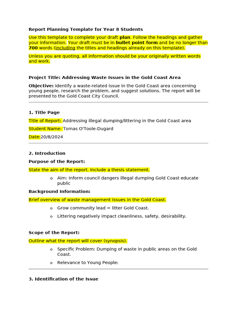 Report Planning Template For Year 8 Students | PDF