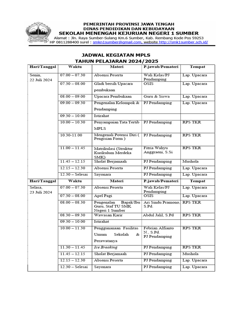 Jadwal Mpls SMK N 1 Sumber TH 2024-2025 | PDF Jadwal Mpls SMK N 1 Sumber TH 2024-2025 | PDF