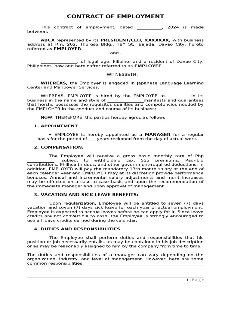Contract of Employment For Manager | PDF