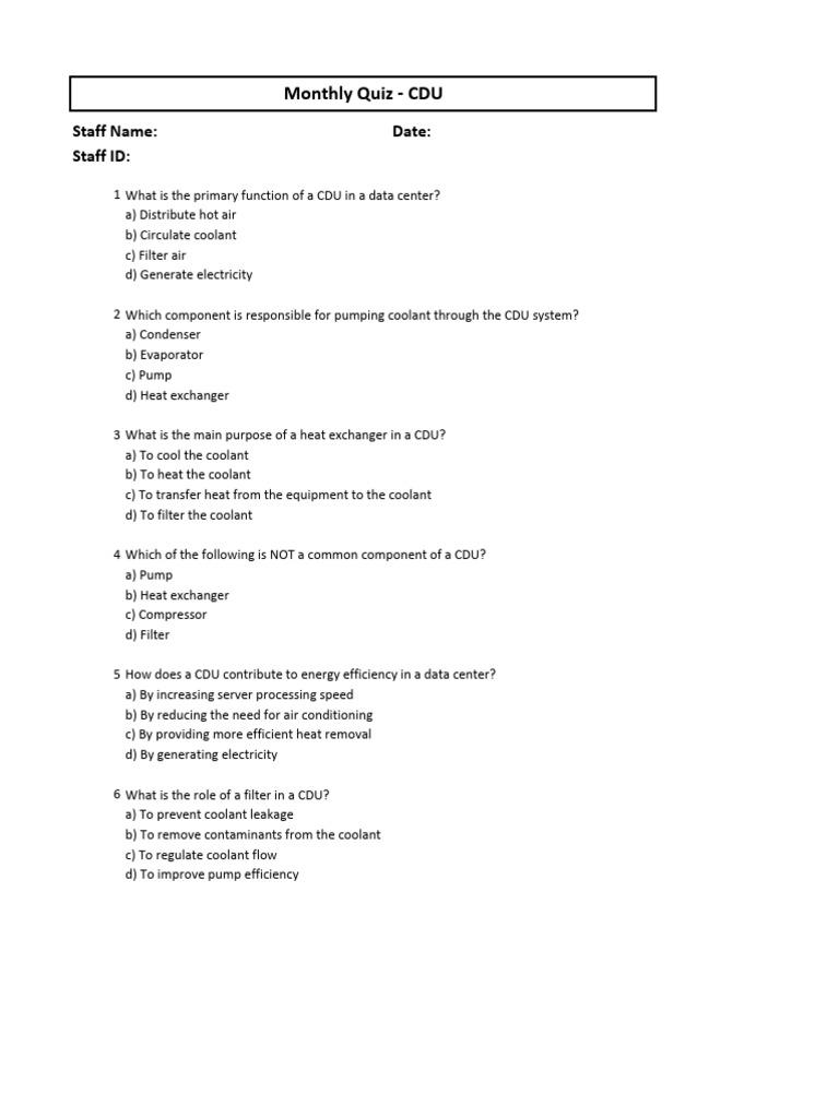 Monthly Test - CDU Question | PDF | Coolant | Data Center
