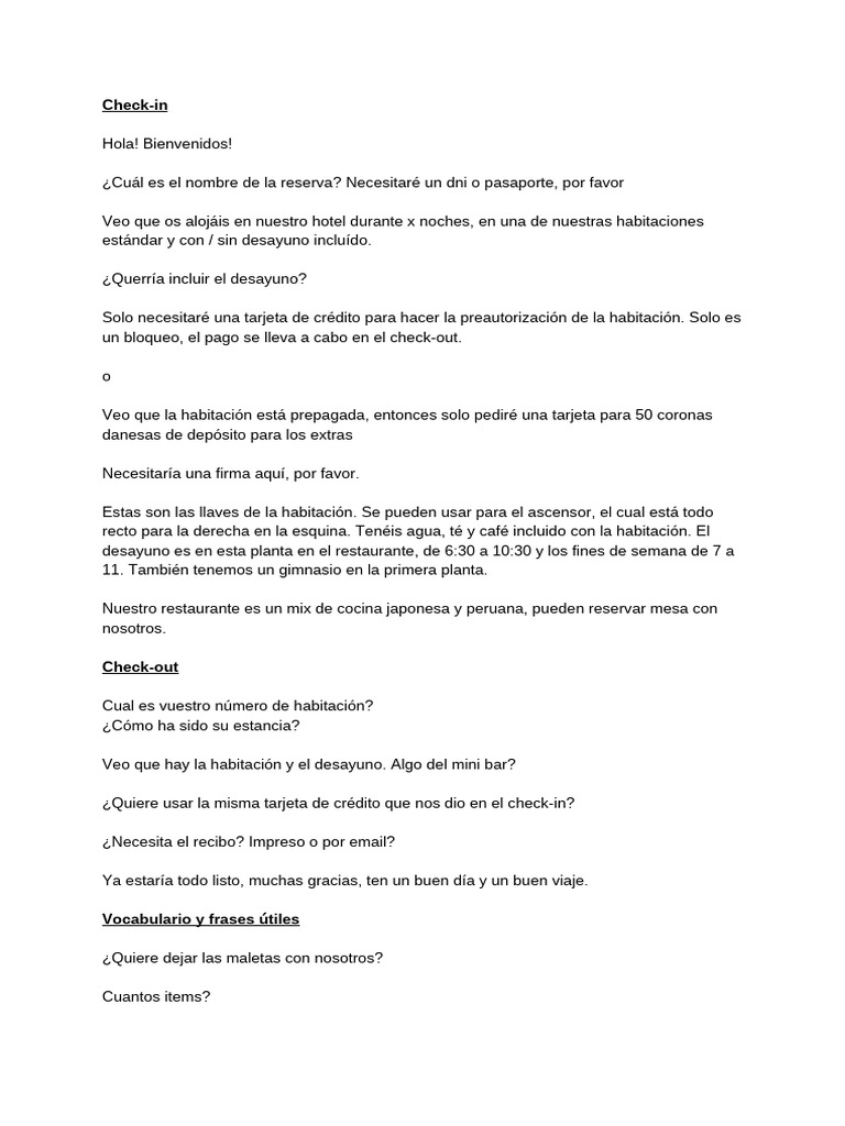 Vocabulario Hotel | PDF