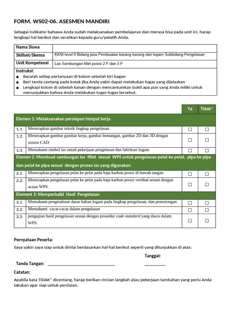 Form. WS02-06. Asesmen Mandiri | PDF