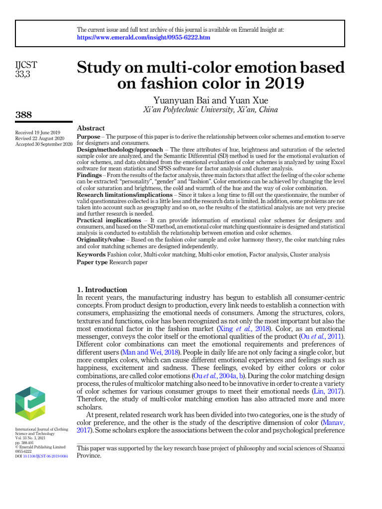 Study On Multi-Color Emotion Based On Fashion Color in 2019: Yuanyuan ...