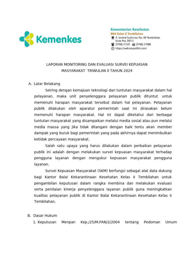 Laporan Monitoring Dan Evaluasi Survei Kepuasan Masyarakat Triwulan Ii Tahun 2024 | PDF