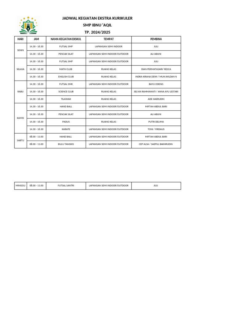 Jadwal Ekskul 2425 | PDF