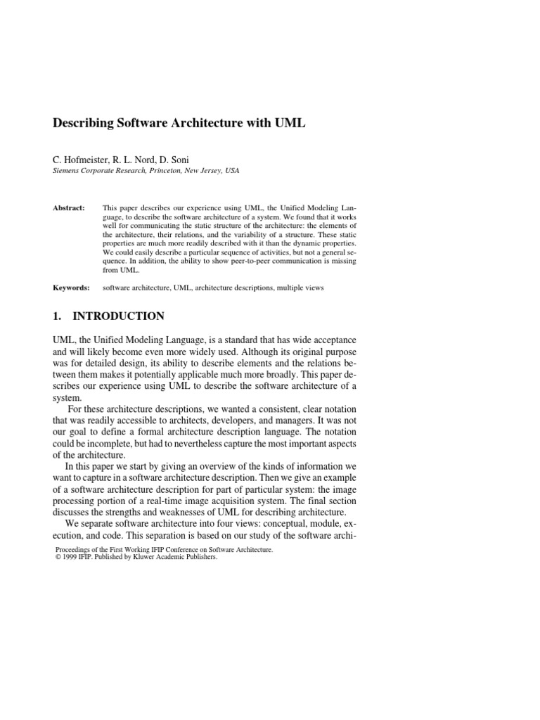 Describing Software Architecture With UML: Siemens Corporate Research ...