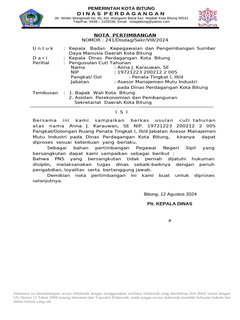 Anna - Nota Pertimbangan Cuti | PDF