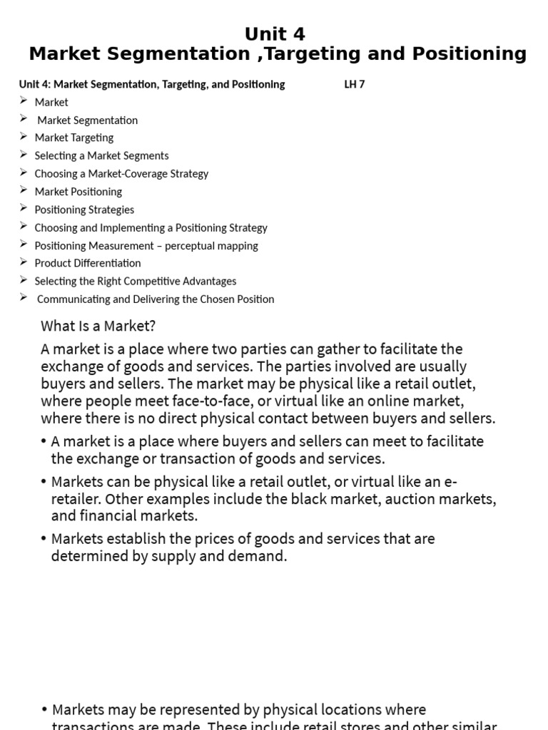 Unit 4 Marketing Segmentation Targeting And Positioning Bhm 5th Sem Mkt Autosaved Pdf