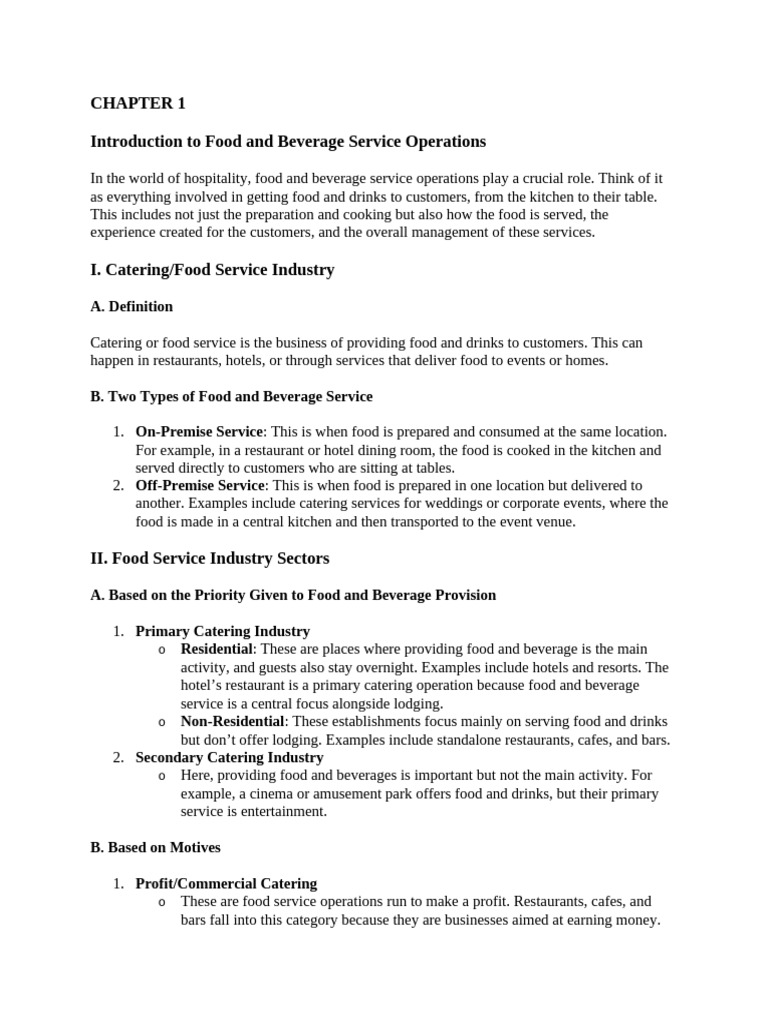 Food and Beverage Operations Chapter 1 | PDF