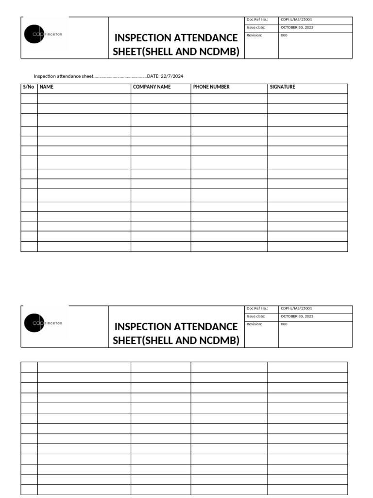 Inspection Attendance Sheet | PDF
