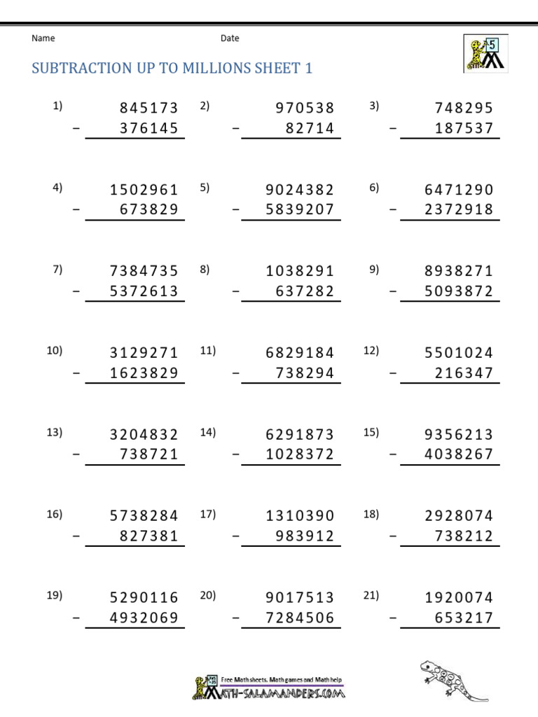 Subtraction Up To Millions 1 | PDF