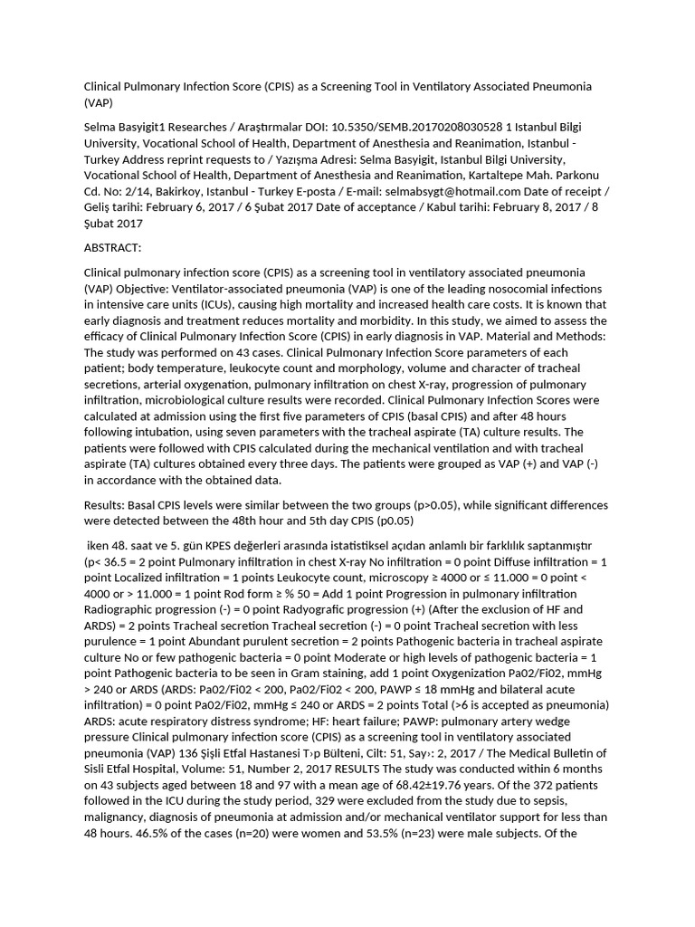 CPIS Efficacy in VAP Screening | PDF | Pneumonia | Sensitivity And ...