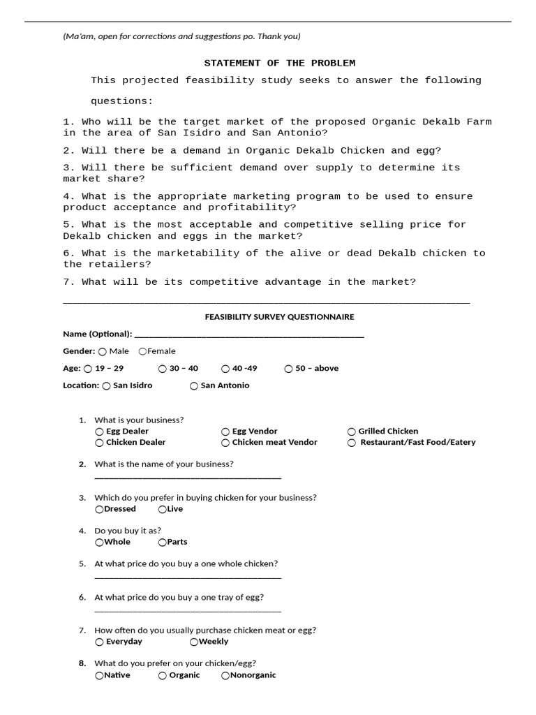 2 FEASIBILITY SURVEY QUESTIONNAIRE About DEKALB CHICKEN CLEMENTE MARY ...