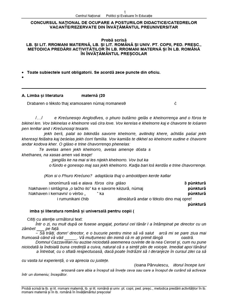 Tit 104 Limba Rromani Materna E 2024 Var Model | PDF