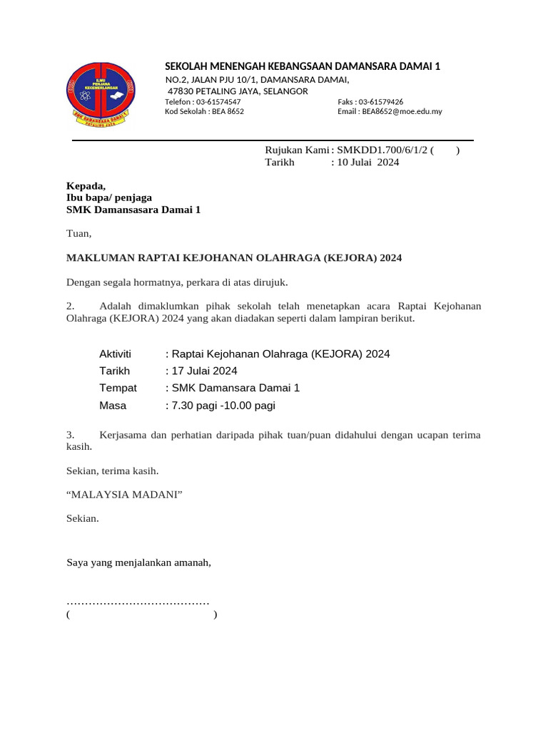 SURAT MAKLUMAN raptai | PDF
