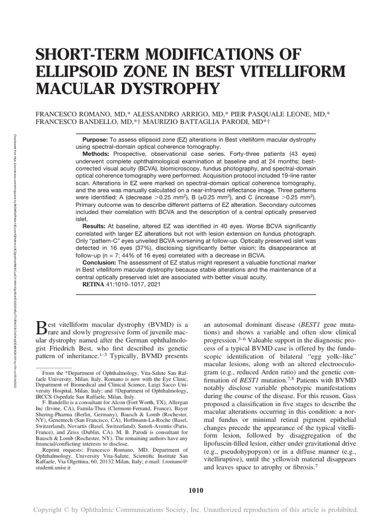 Short Term Modifications of Ellipsoid Zone in Best Vitelliform ...
