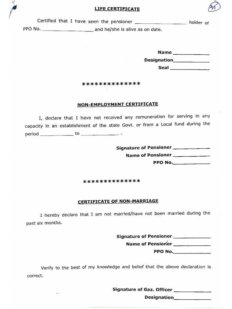Life Certificate, Non Employment, Non Marriage Forms | PDF