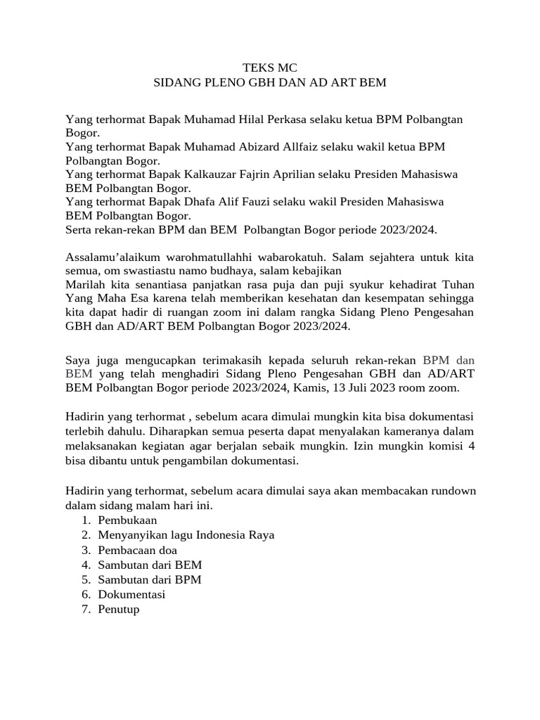 TEKS MC SIDANG GBH Dan AD ART BEM | PDF