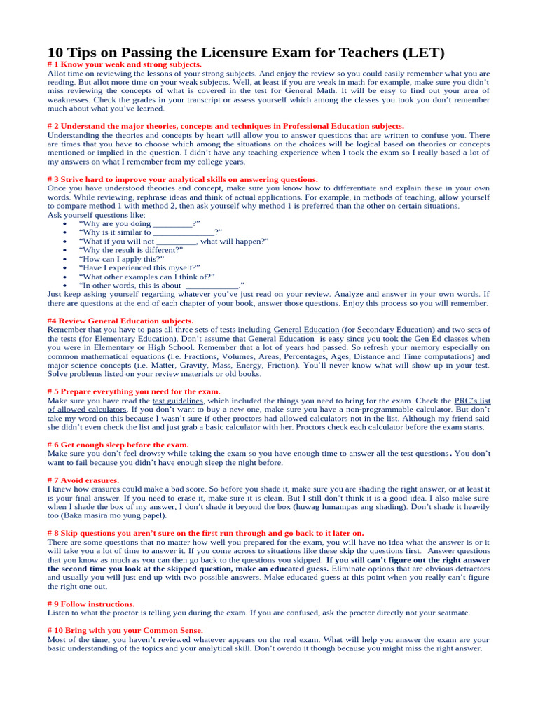 10 Tips On Passing The Licensure Exam For Teachers | PDF