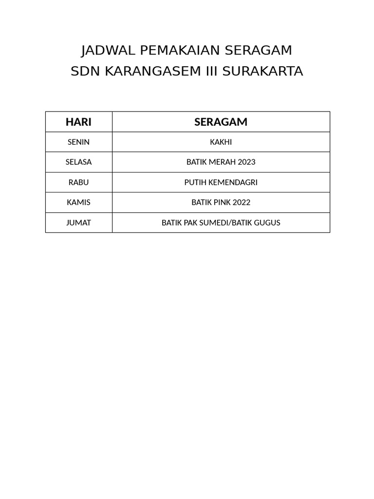 Jadwal Pemakaian Seragam | PDF